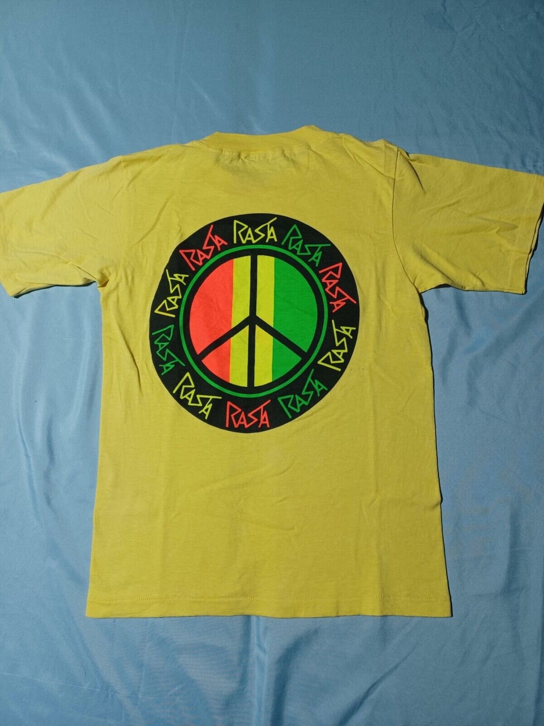 Vintage 1980s 80s 1990s 90s Rasta Rastafarian Peace Sign Neon Surf T ...