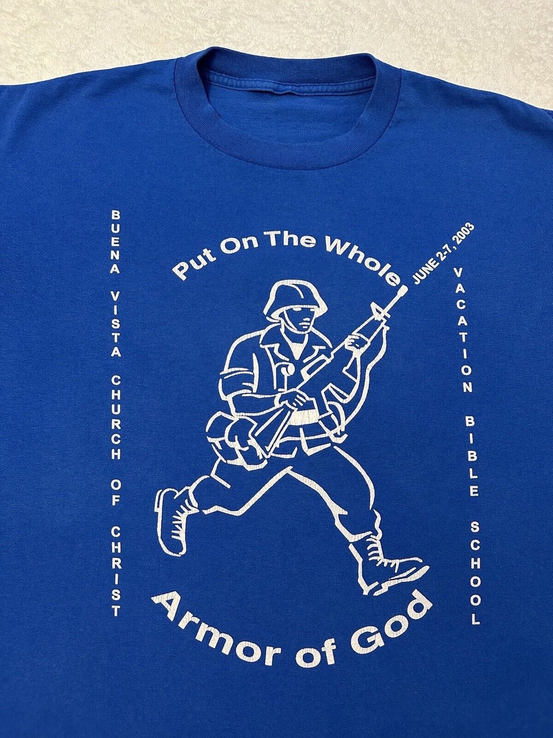 Vintage 2000s Y2K Christian Soldier Buena Vista Church Christ Jesus T ...