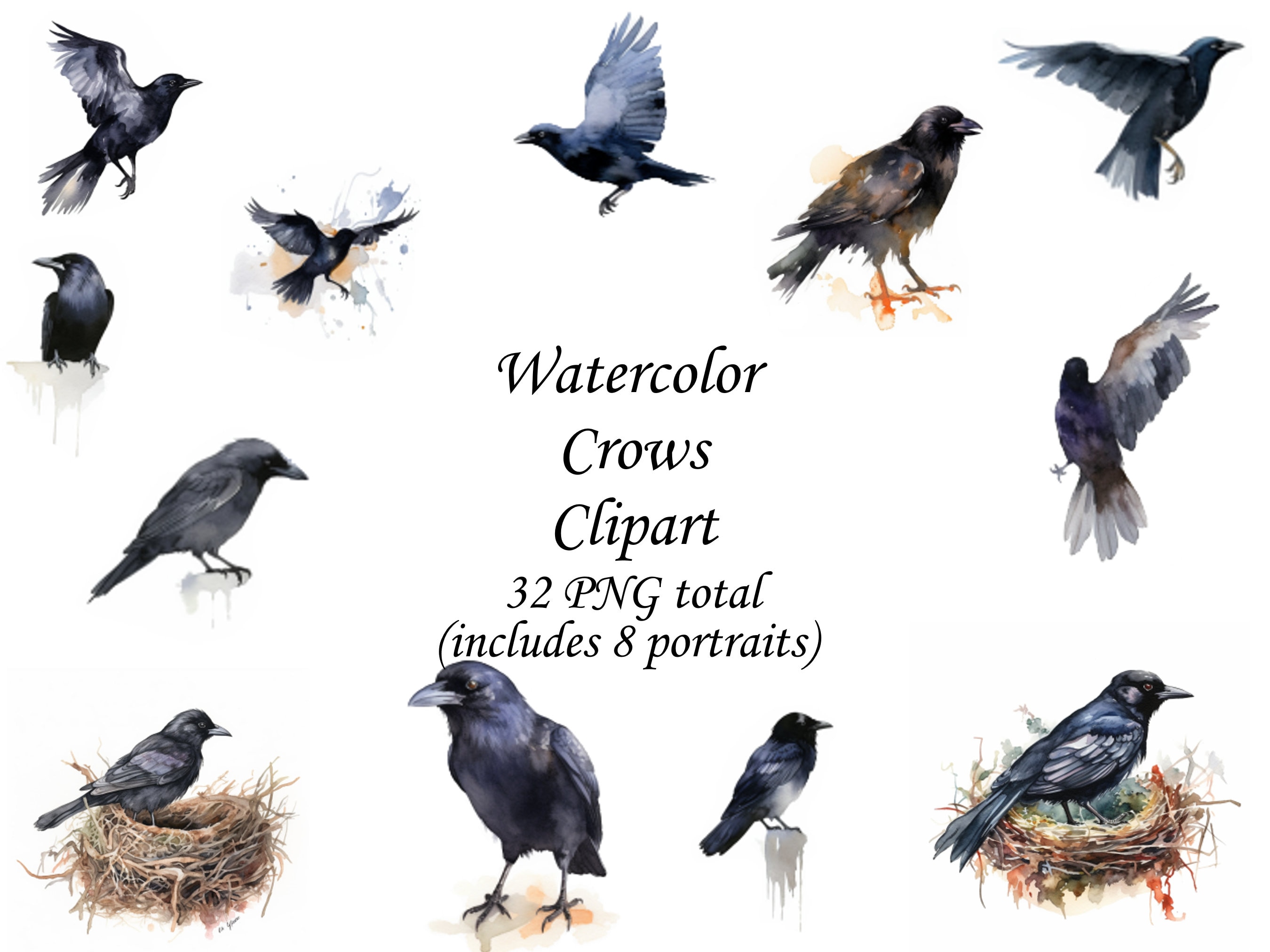 Watercolor Crows PNG, 4k, High-quality Clipart, Includes 8 Crow ...