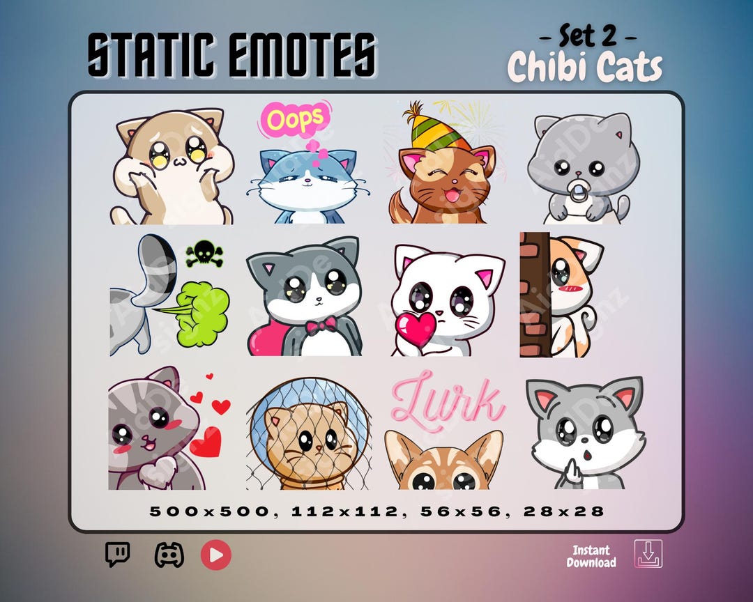 Chibi Cat Emote Set 2 | X12 Static Emotes | Cute Kawaii Stream Asset ...