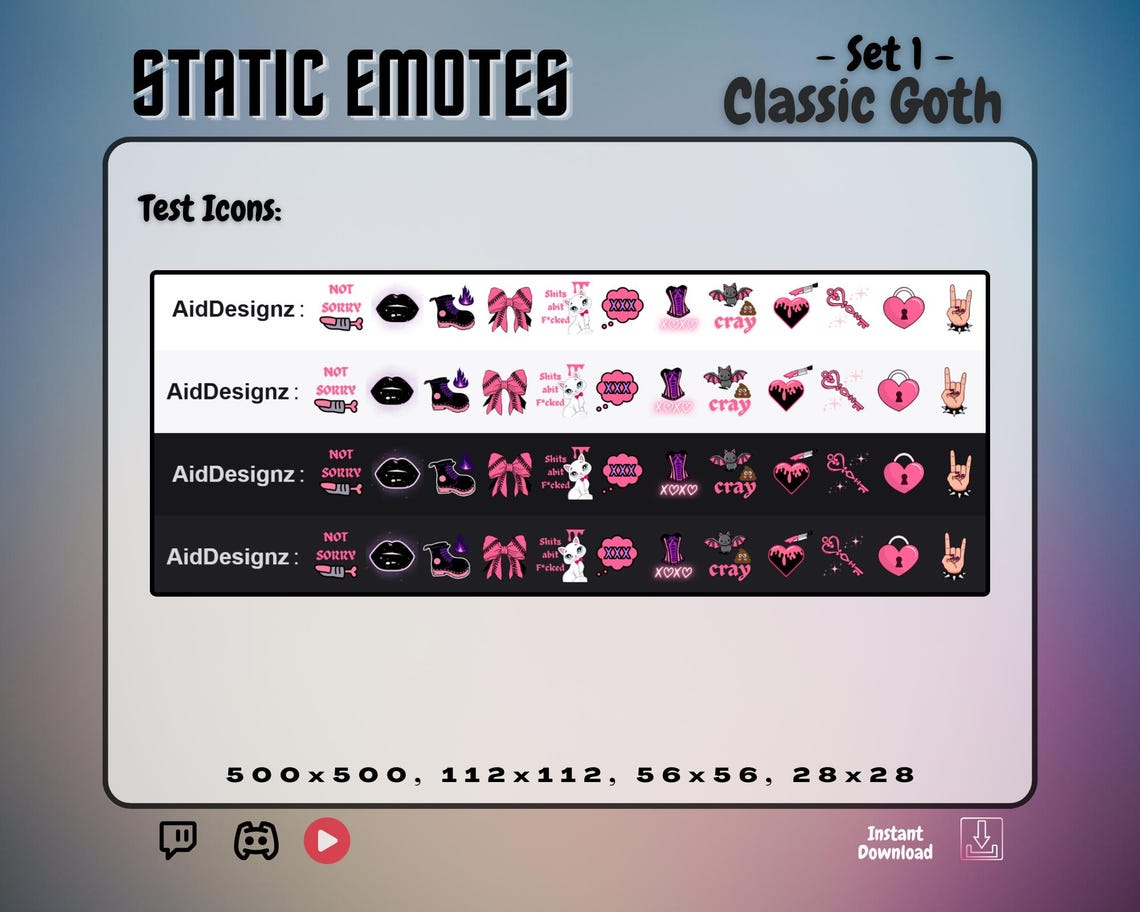 Classic Goth Emotes - Set 1 | X 12 Static Classic Goth Elements | Pink ...