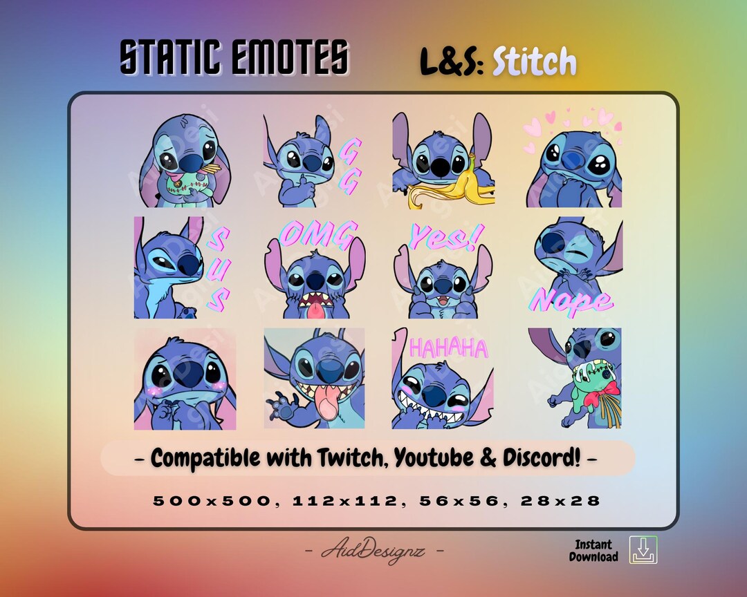 Stitch Reaction Emotes X12 | Kawaii Twitch, Discord, Youtube Assets ...