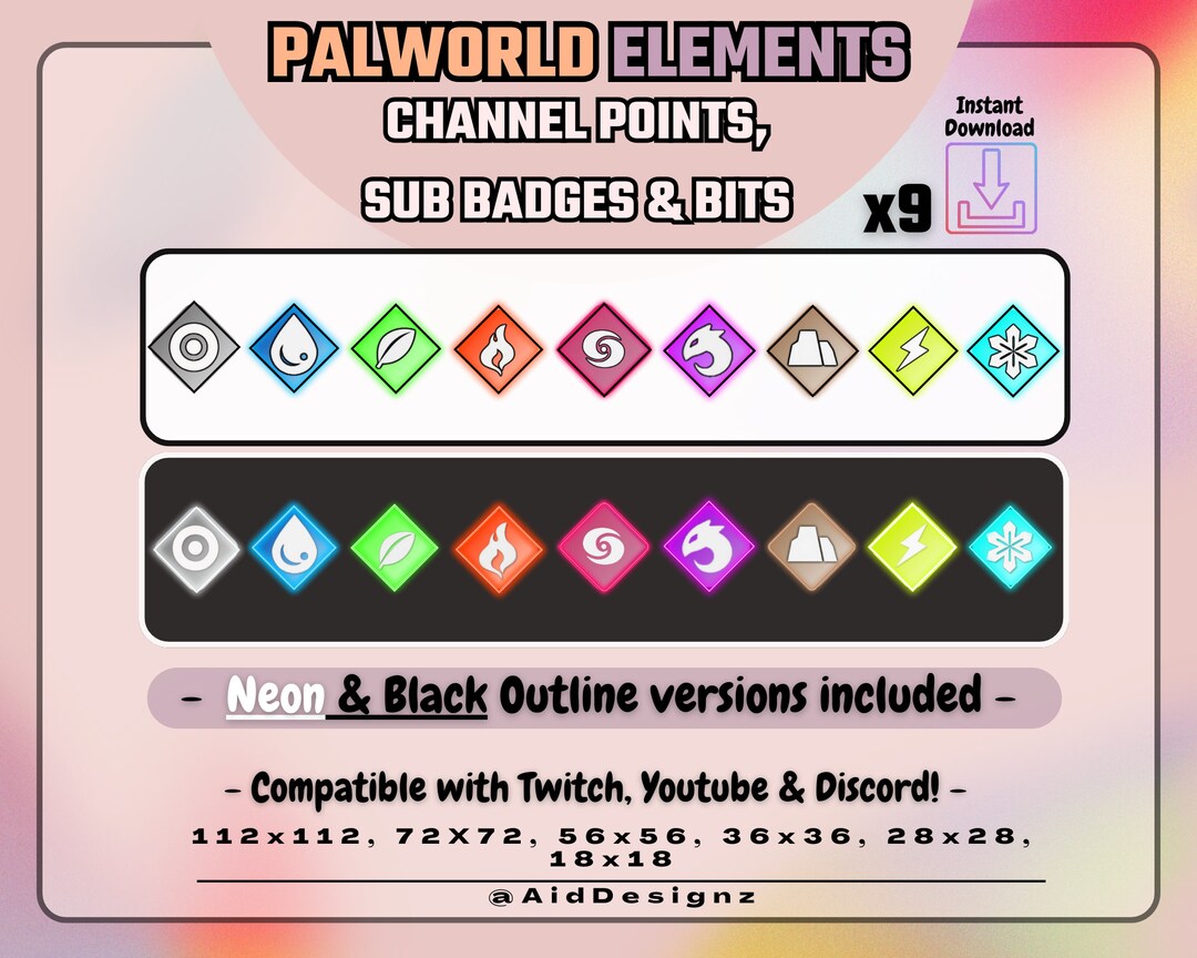 Palworld Pal Elements X9 Black Outline Stream Points, Sub Badges/bits ...