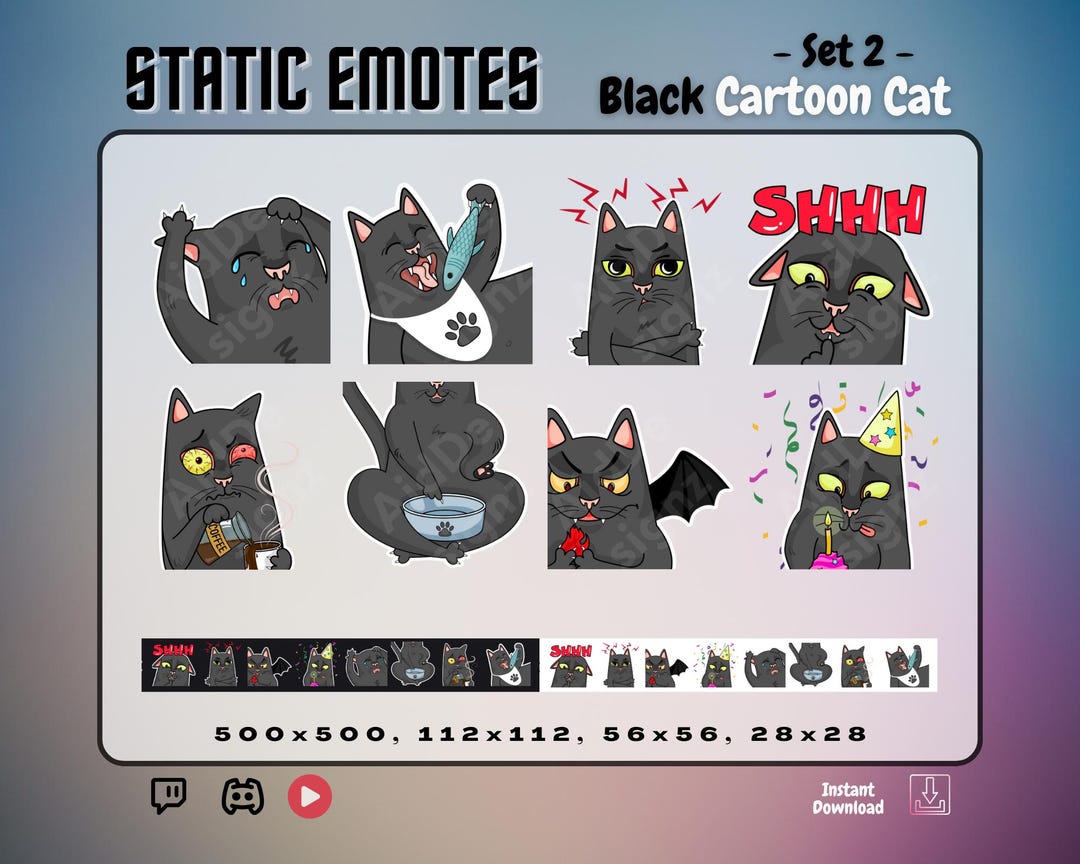 Black Cartoon Cat Emotes - Set 2 | X8 Static Emotes | Cat Lover Stream ...