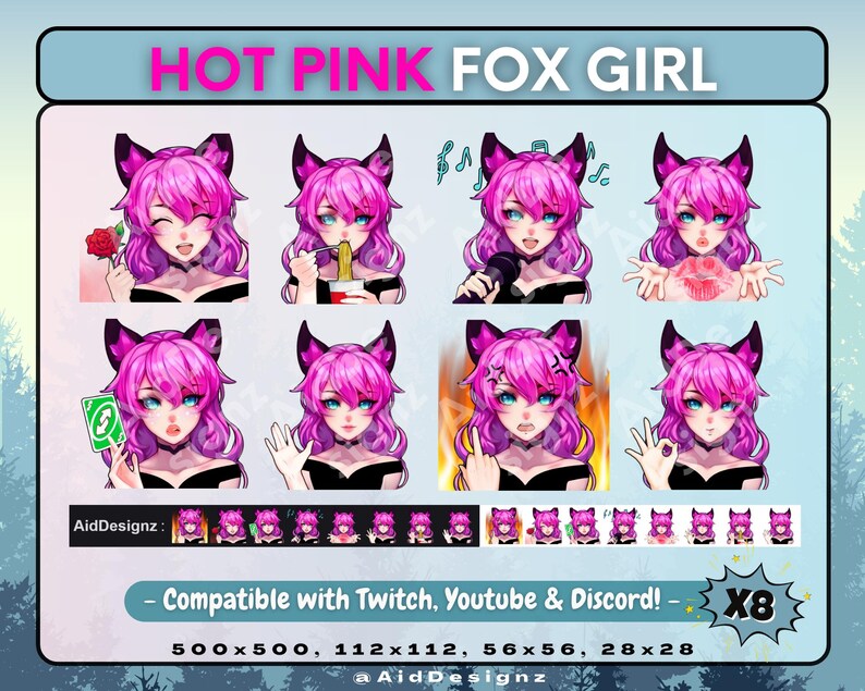 Hot Pink Fox Girl Emotes X8 STATIC Cute Streamer Asset Enamored, Eating ...