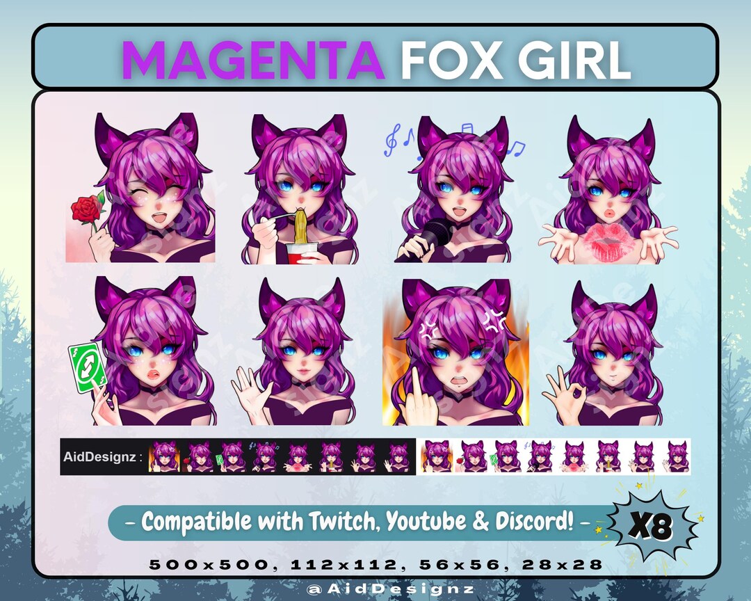 Magenta Fox Girl Emotes X8 STATIC Cute Streamer Asset Enamored, Eating ...