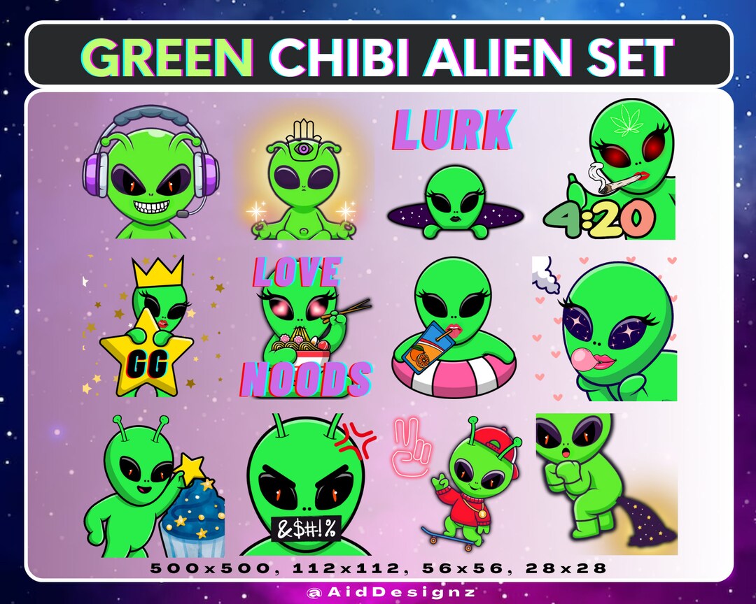 Green Chibi Alien Emotes Set of 12 Futuristic Sci-fi Emotes for Twitch ...
