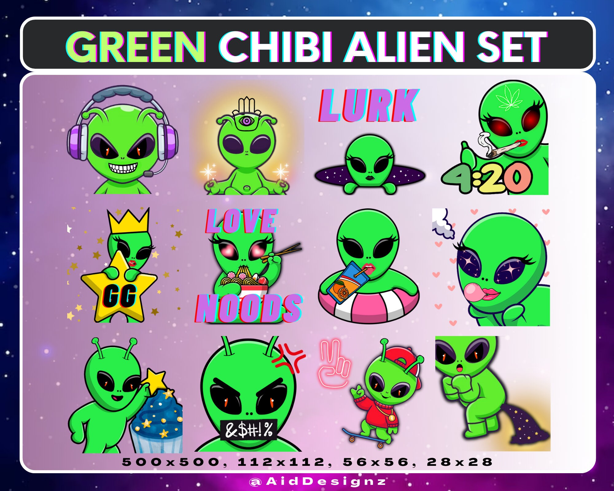 Green Chibi Alien Emotes Set of 12 Futuristic Sci-fi Emotes for Twitch ...