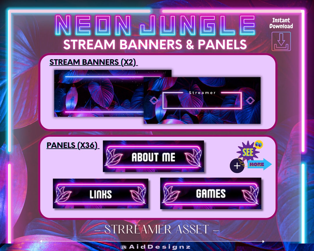 Neon Jungle: Twitch Banner X2 & Panels x36 Set Synthwave Pink-purple ...