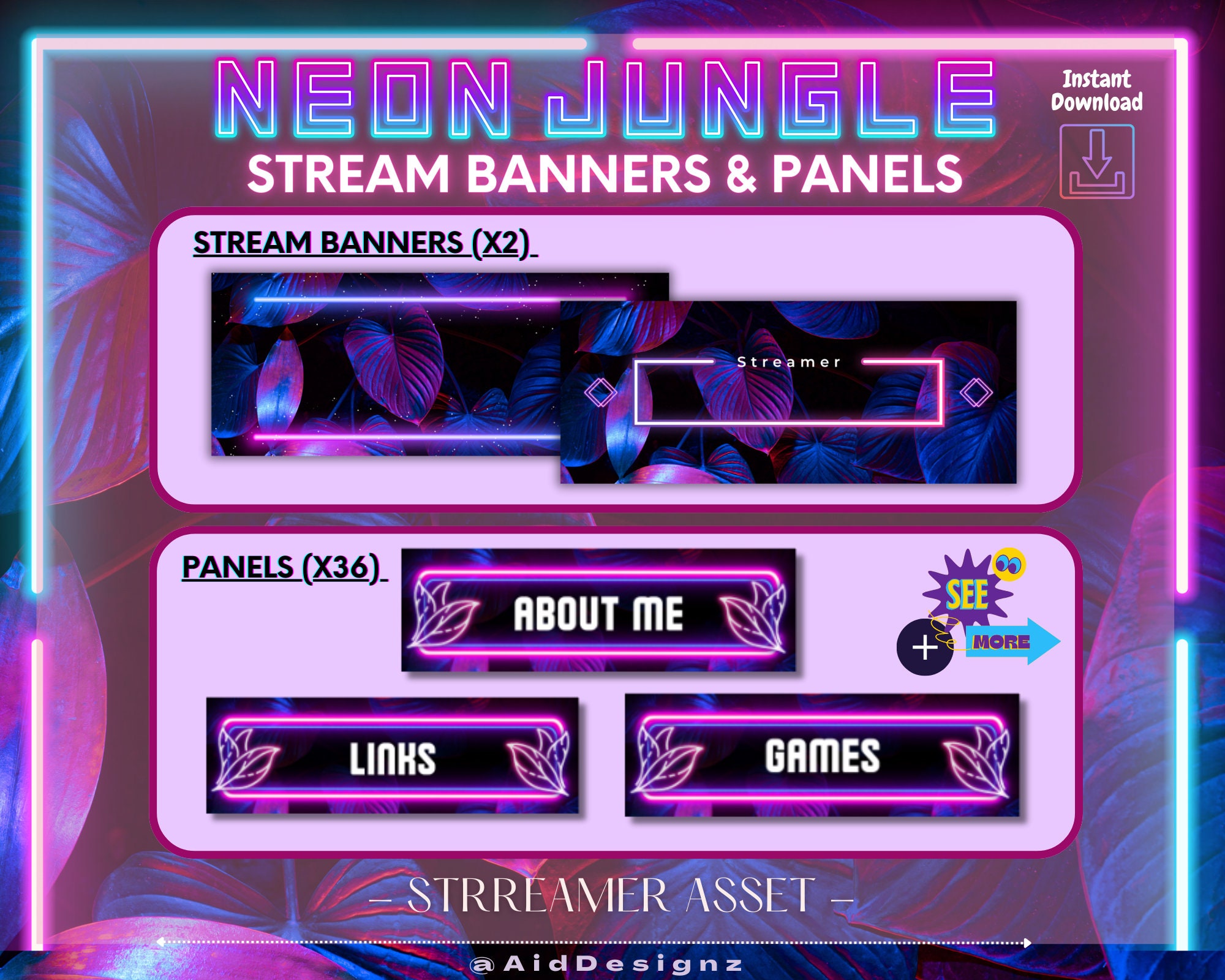Neon Jungle: Twitch Banner X2 & Panels x36 Set Synthwave Pink-purple ...