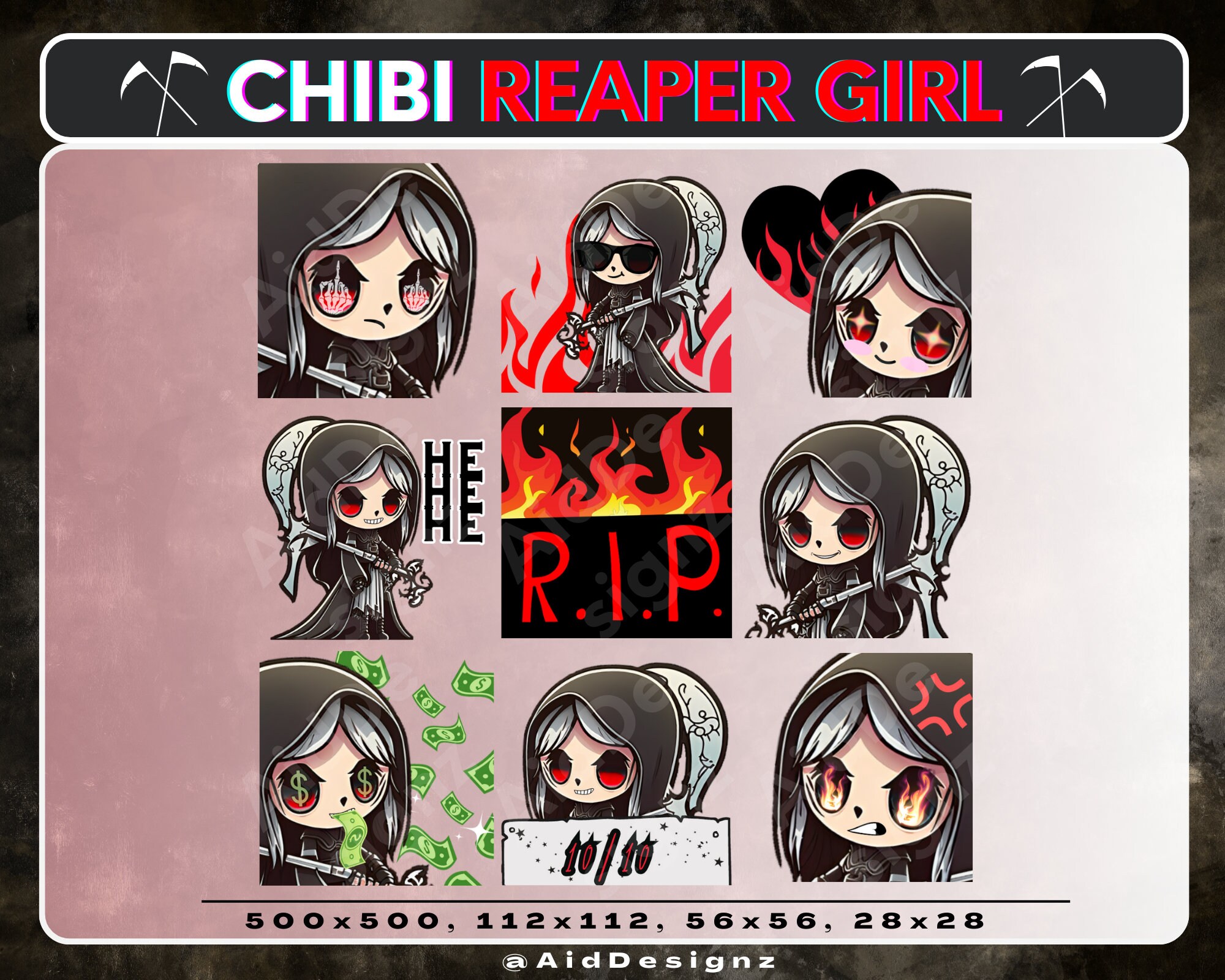 Chibi Reaper Girl Emotes Red Eyes, Red Flame Edition X9 Cute & Spooky ...