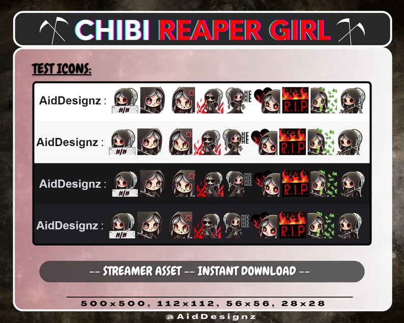Chibi Reaper Girl Emotes Red Eyes, Red Flame Edition X9 Cute & Spooky ...