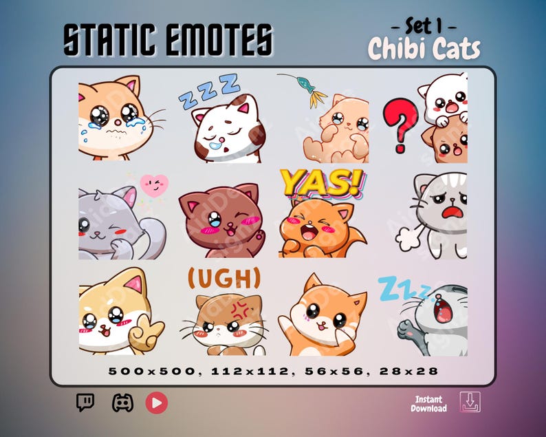 Chibi Cat Emote Set 1 | X12 Static Emotes | Cute Kawaii Stream Asset ...