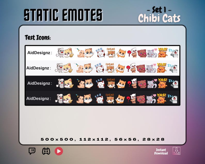 Chibi Cat Emote Set 1 | X12 Static Emotes | Cute Kawaii Stream Asset ...