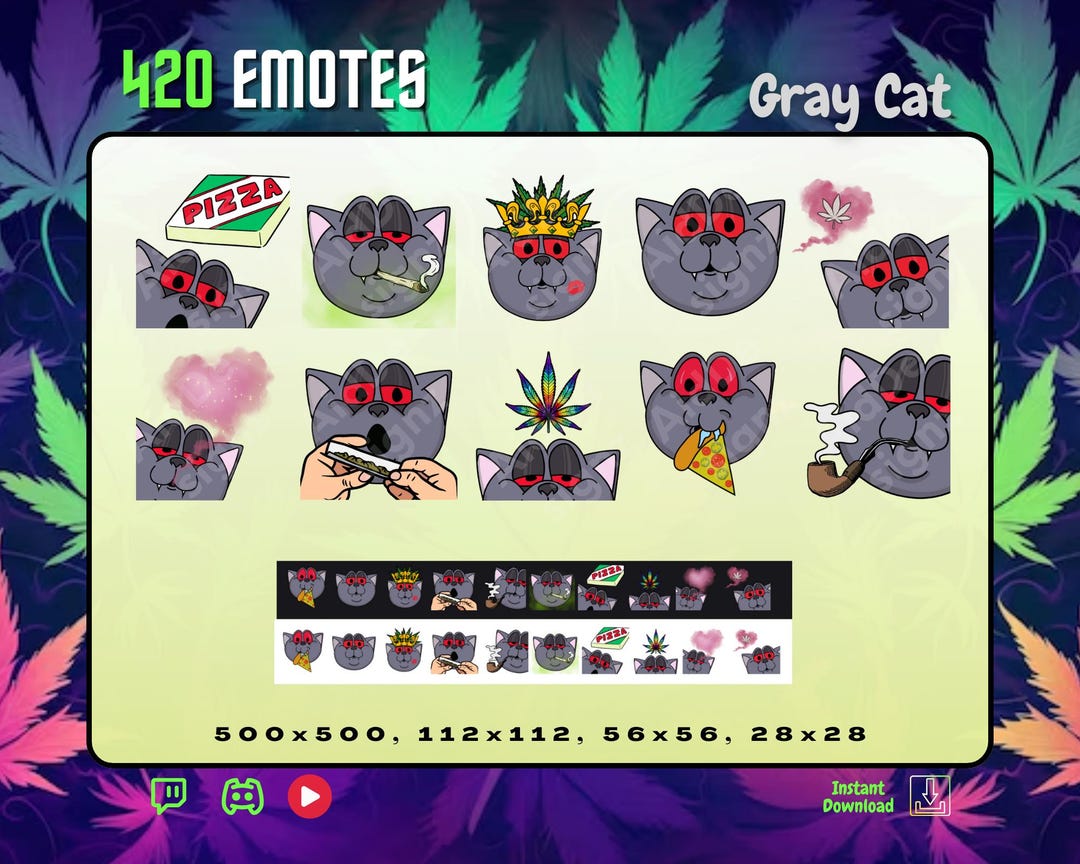 420 Dope Cat Emotes Gray X10 STATIC EMOTES Chibi Stoner Cat Streamer ...