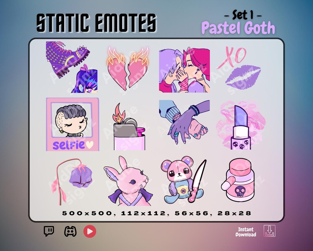 Pastel Goth Emotes Set 1 X 12 Static Pastel Goth Elements Pink and ...