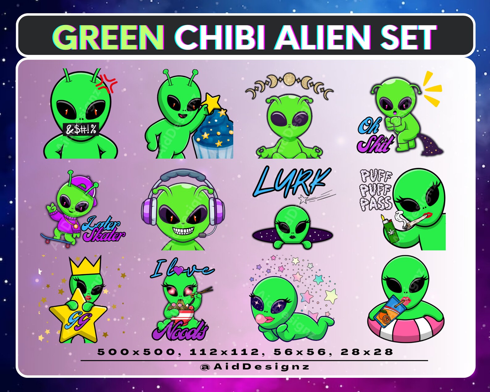 Green Chibi Alien Emote Bundle Set of 12 6 Boy Emote, 6 Girl Emote ...