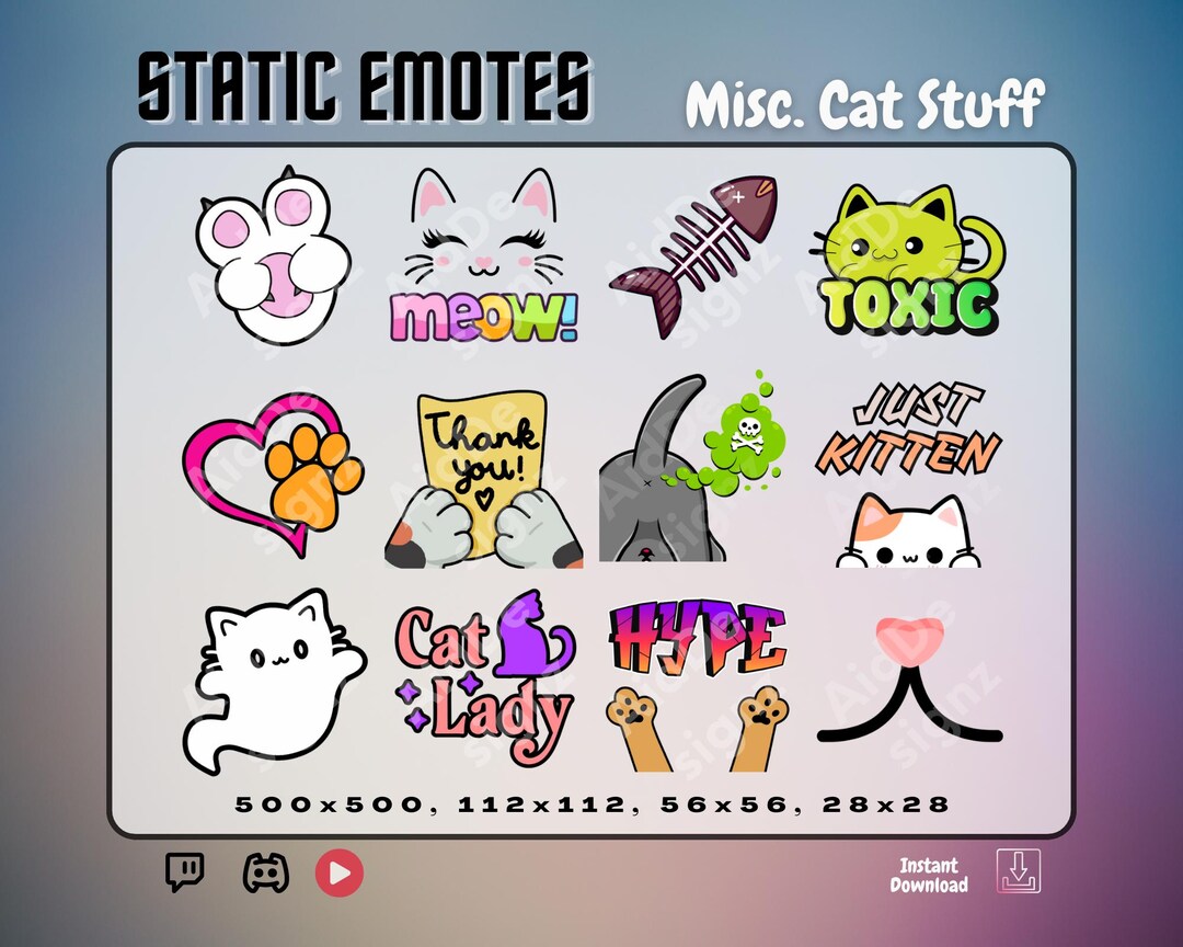 Misc. Cat Stuff Emote Set X12 Static Emotes Cute Kawaii Stream Asset ...