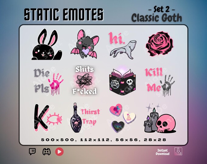 Classic Goth Emotes - Set 2 | X 12 Static Pastel Goth Elements | Pink ...