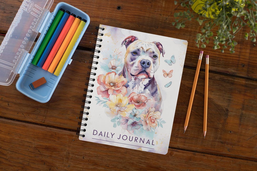 Watercolor Pitbull and Floral Daily Journal Spiral Notebook Ruled Line ...