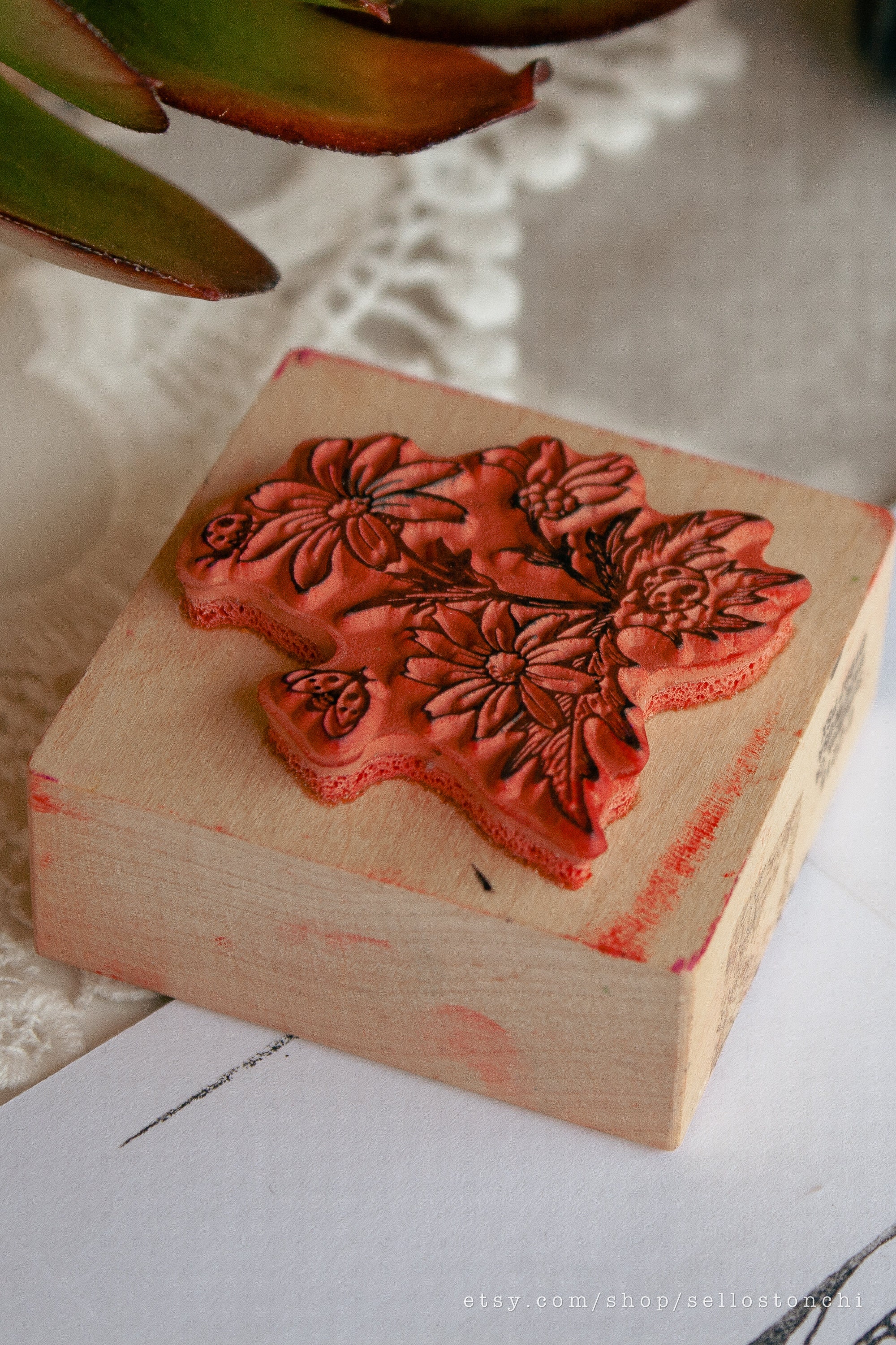 Red Rubber Rarity, Mounted Rubber Stamp, Wild Flowers With Lady Bugs ...