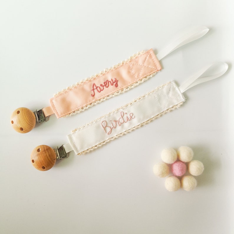 Custom Hand Embroidery Name Pacifier Clip Holder, Personalized Fabric ...
