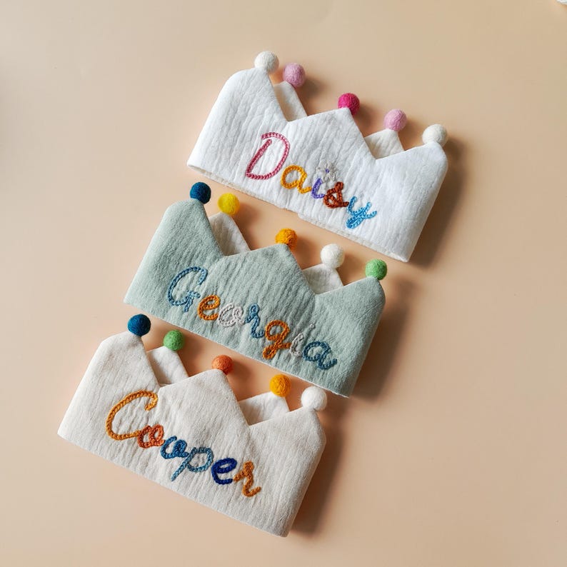 Hand Embroidered Linen Birthday Crown, Personalized Name Keepsake ...