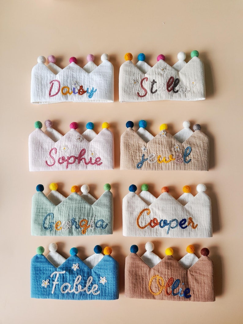 Hand Embroidered Linen Birthday Crown, Personalized Name Keepsake ...