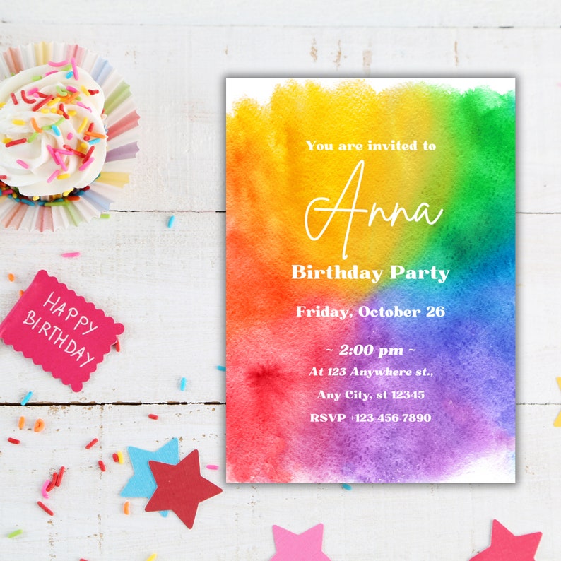 Rainbow Birthday Party Invitation, Colorful Invitation Card, Kids ...