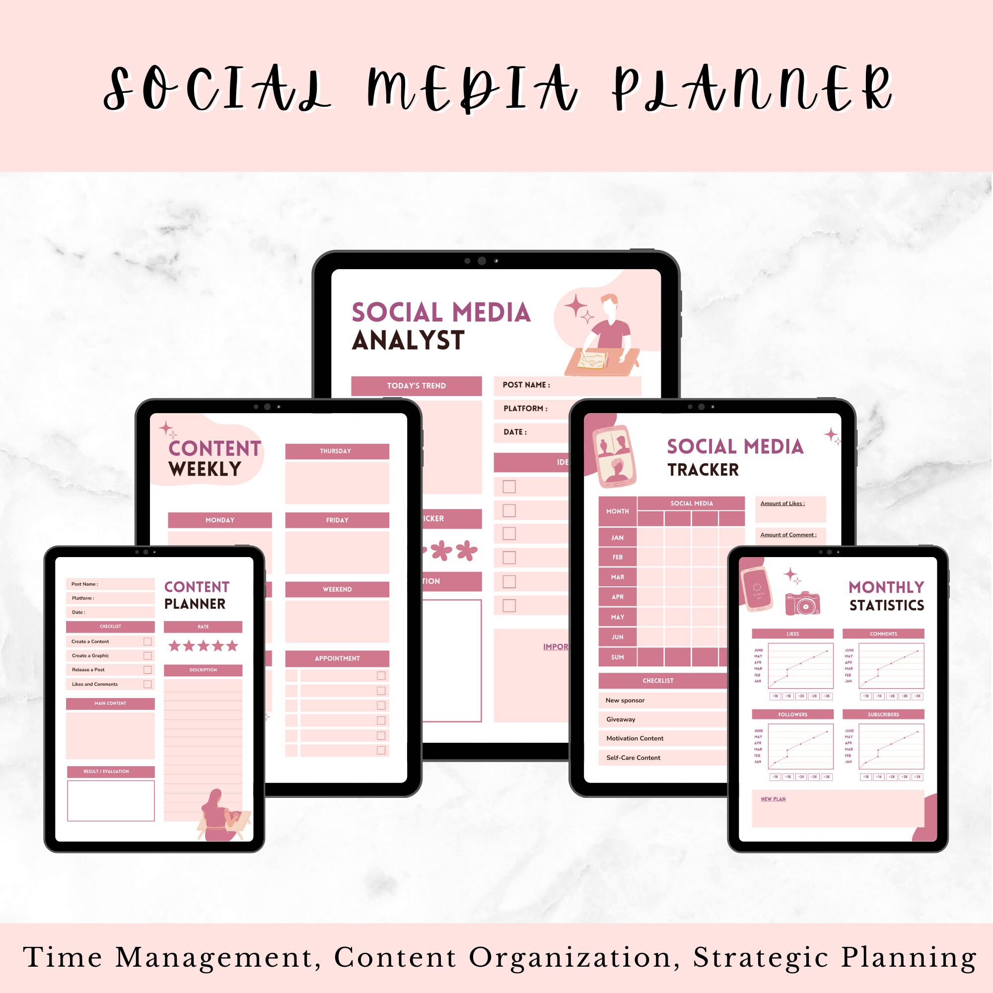 Pink Purple Social Media Project Tracker Planner, Illustrated Organizer ...