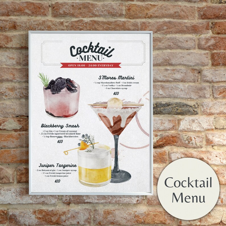 Vintage Style Cocktail Menu Print, Bar Wall Decor, Drink List ...
