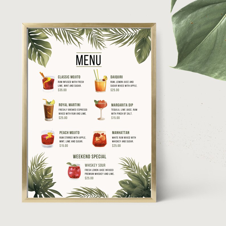 Illustrated Cocktail Menu Sign in White & Green, Modern Bar Decor ...