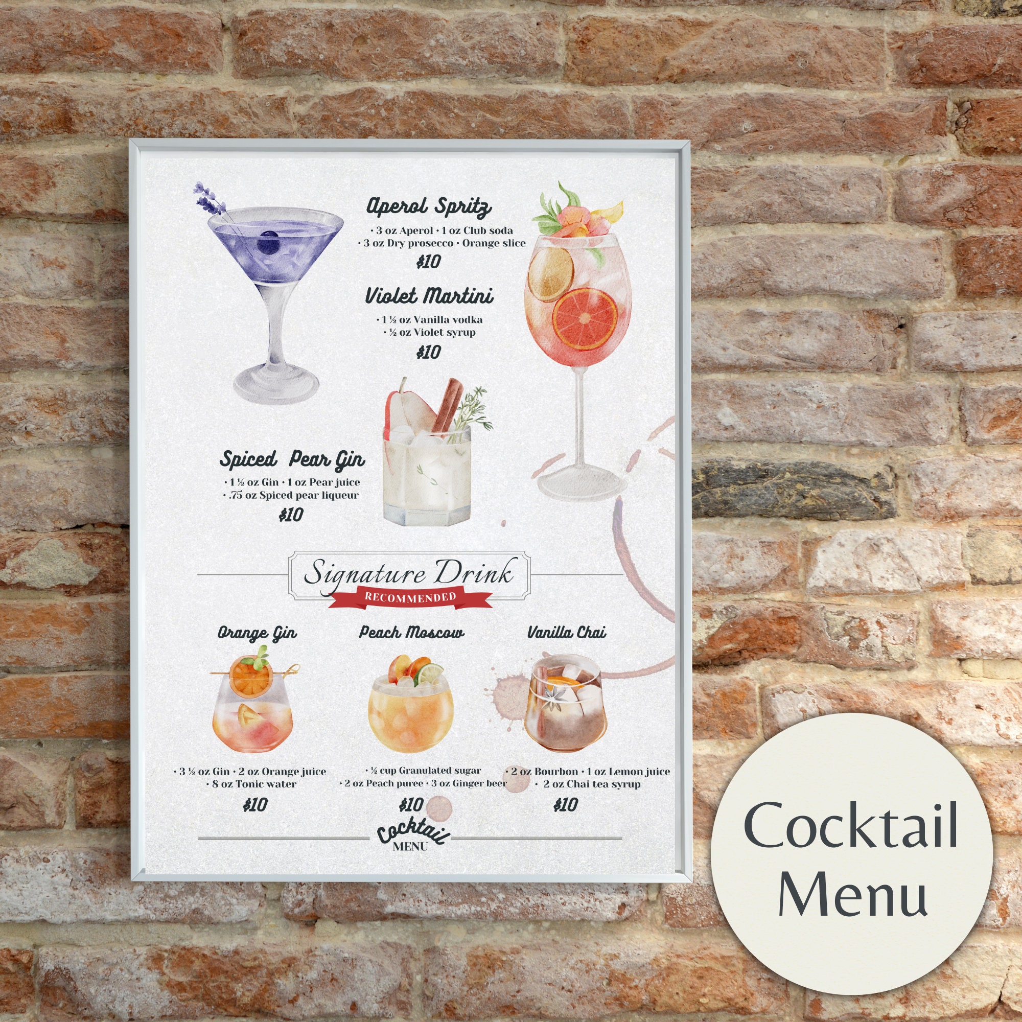 Vintage Style Cocktail Menu Print, Bar Wall Decor, Drink List ...