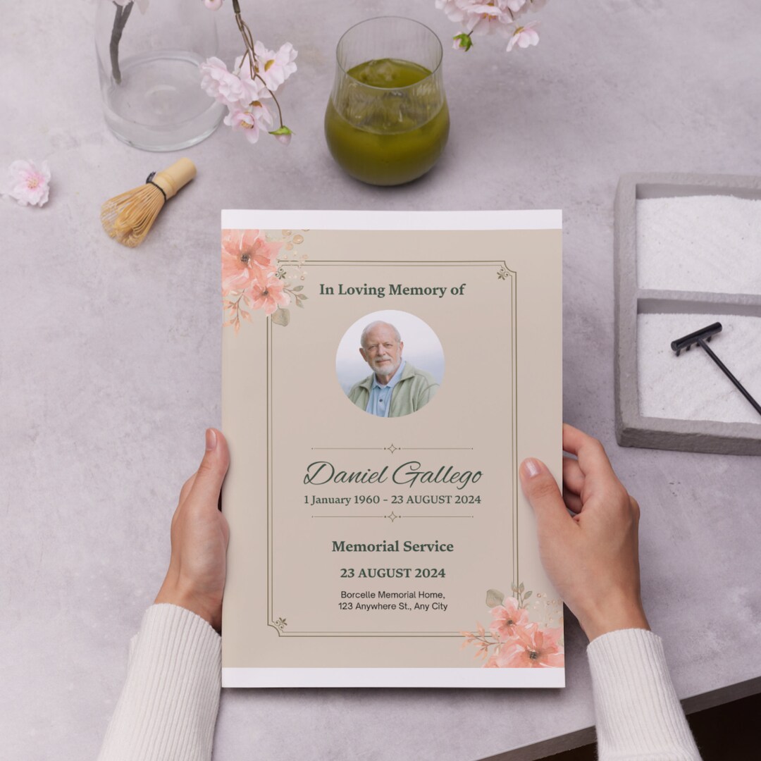 Elegant Beige Floral Obituary Program Template, Memorial Order of ...