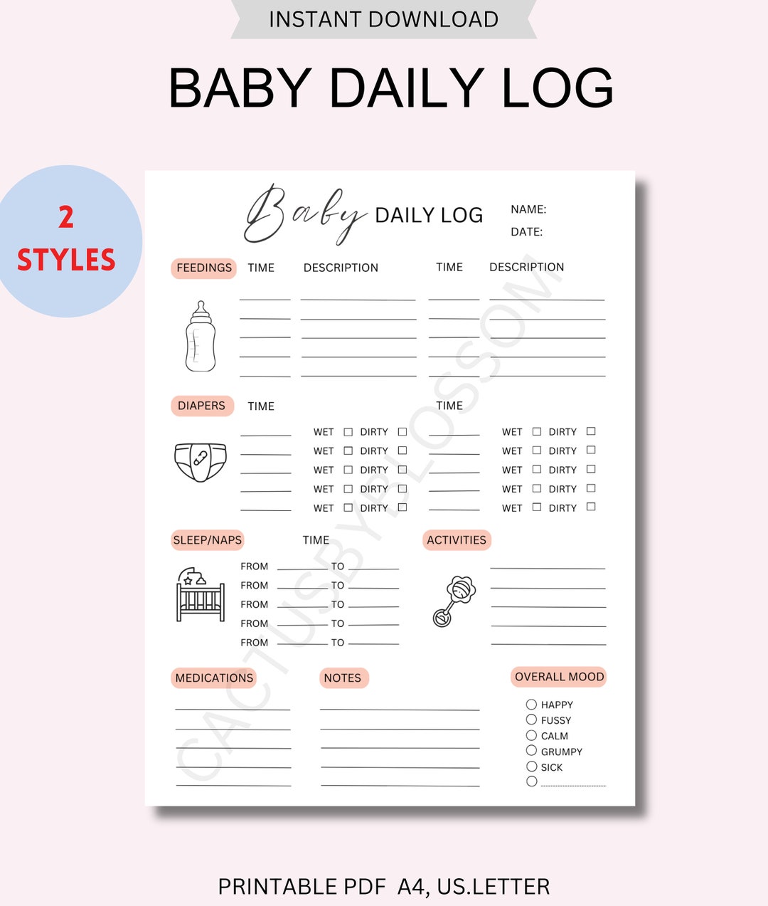 2 Baby Daily Log Tracker Newborn Diary Chart Feedings Log Doctor Visit ...