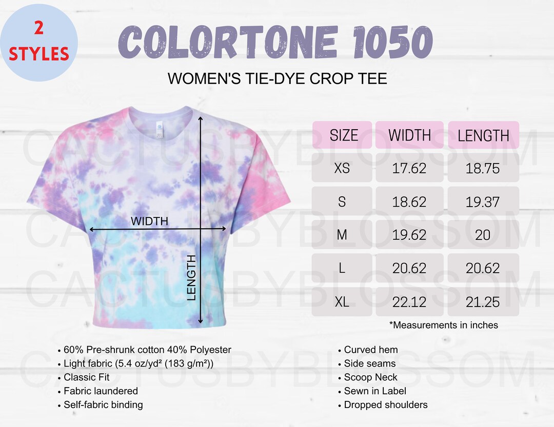 2 Size Chart Colortone 1050 Mockup Chart for Women's Tie-dye Crop Tee ...