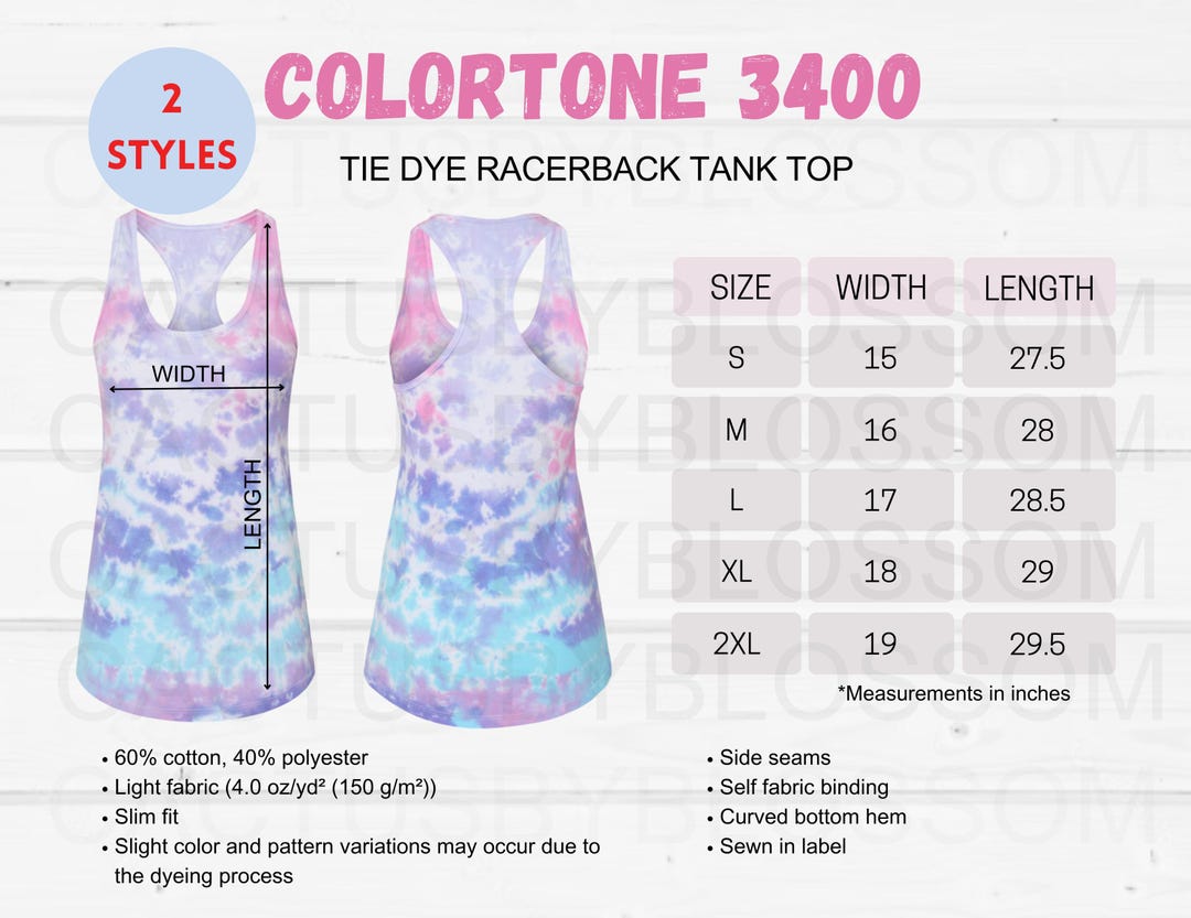 2 Size Chart Colortone 3400 Mockup Chart for Tie Dye Racerback Tank Top ...