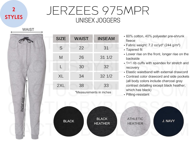 2 Size Chart Color Chart Jerzees 975MPR Mockup Chart Unisex Joggers ...