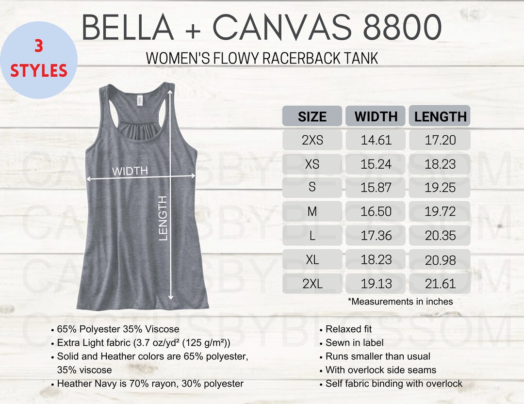 3 Size Chart Bella Canvas 8800 Mockup for Women Flowy Racerback Size Chart Etsy Listing Tool ...