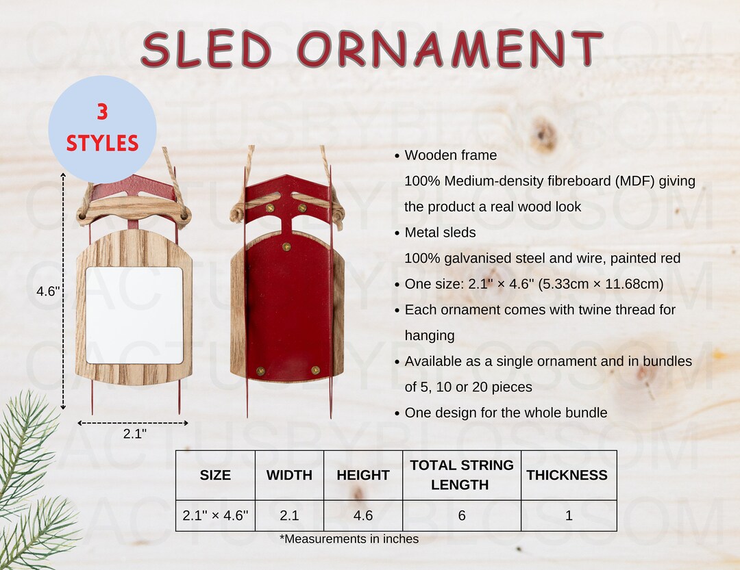 3 Size Chart Sled Ornament Mockup Chart Ornament Size Chart AOP POD ...