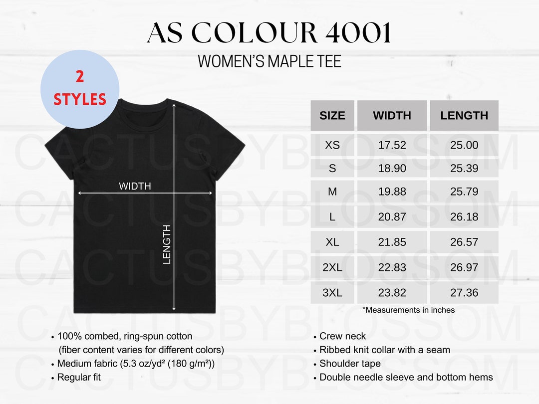 2 Size Chart AS COLOUR 4001 Women's Maple Tee Etsy Listing Tool Mockup ...