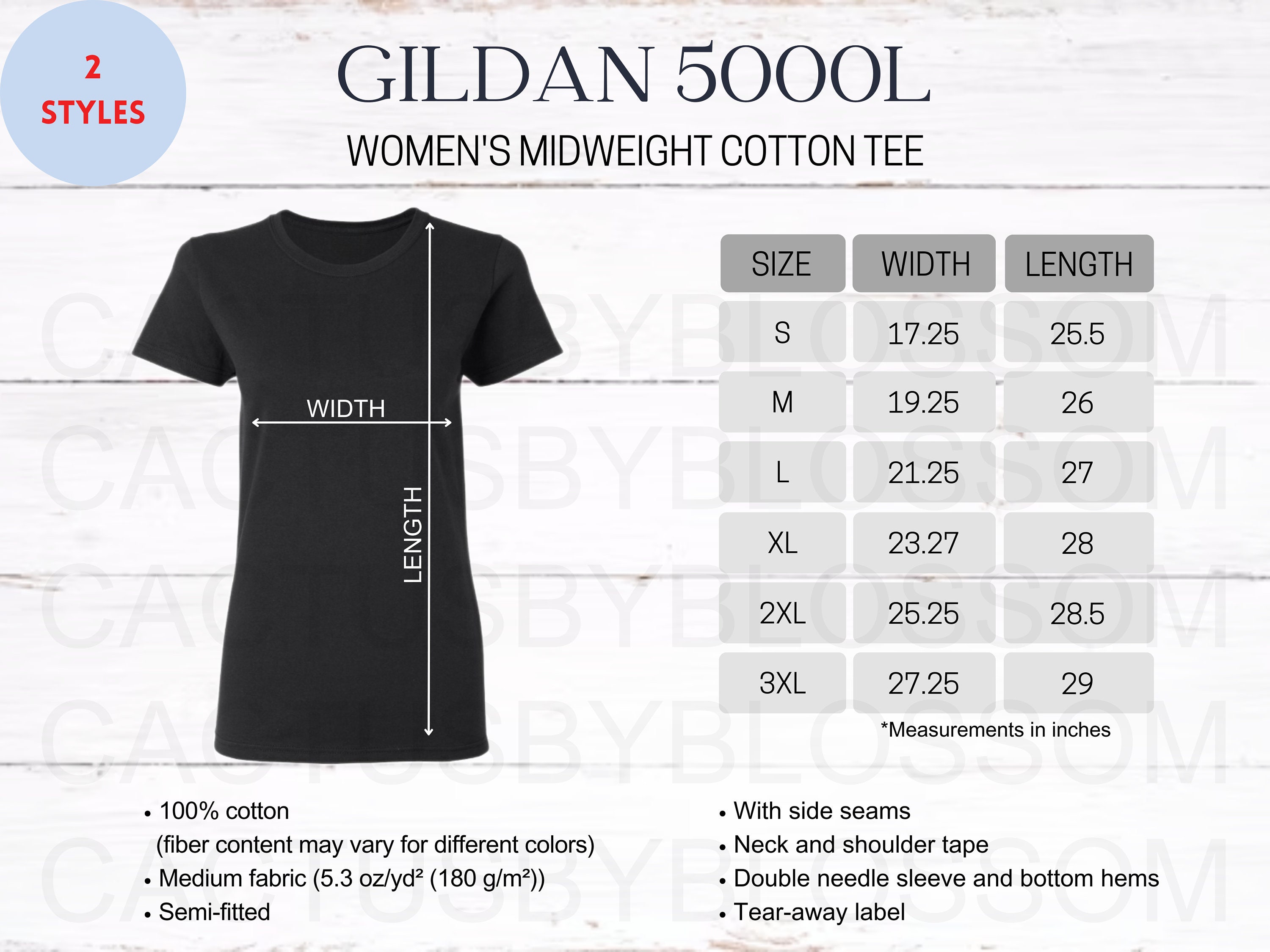 2 Size Chart Gildan 5000L Mockup Chart Women's Midweight Cotton Tee ...