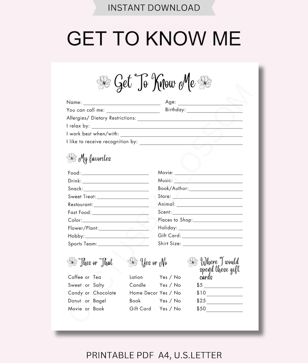 Get to Know Me Coworker Question Survey All About Me Employee ...