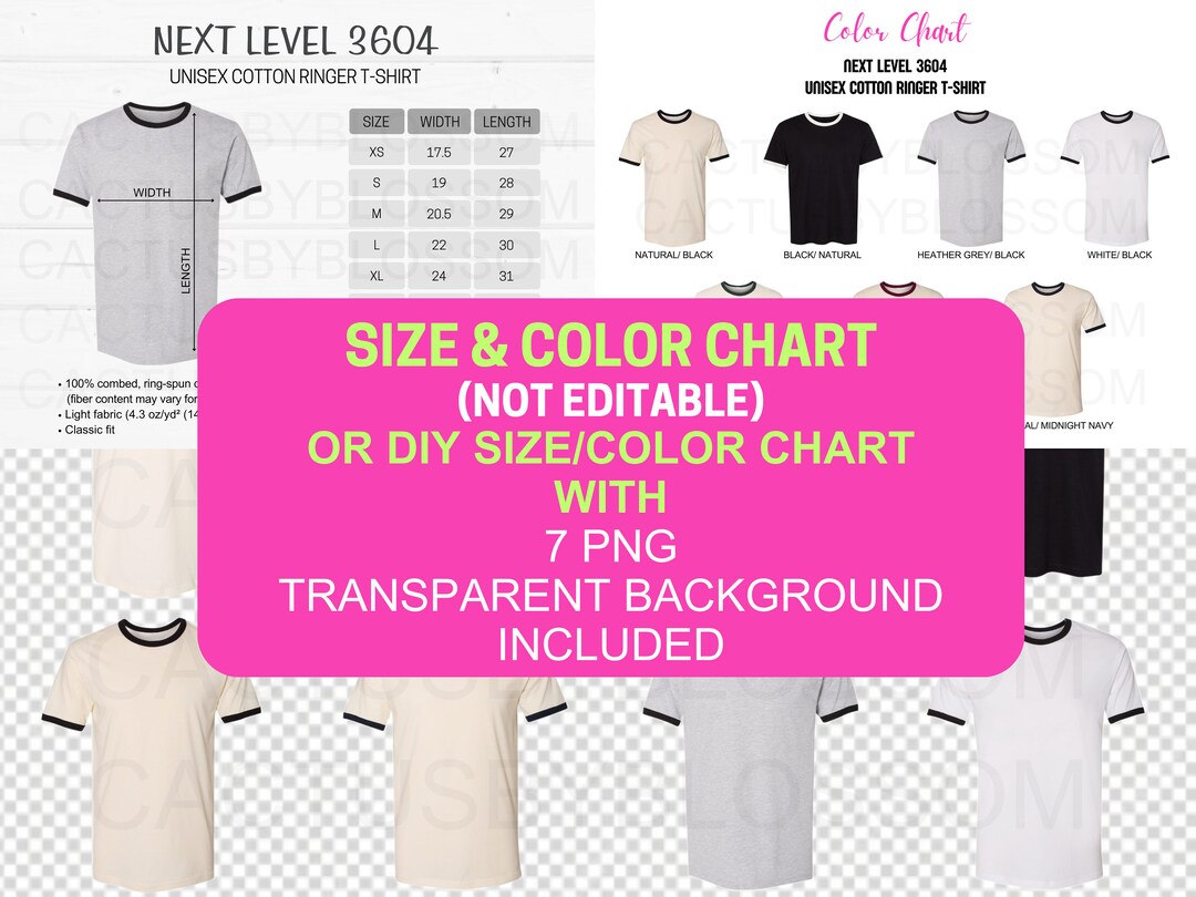 BUNDLE Size Chart Color Chart DIY Chart Next Level 3604 Mockup Chart ...