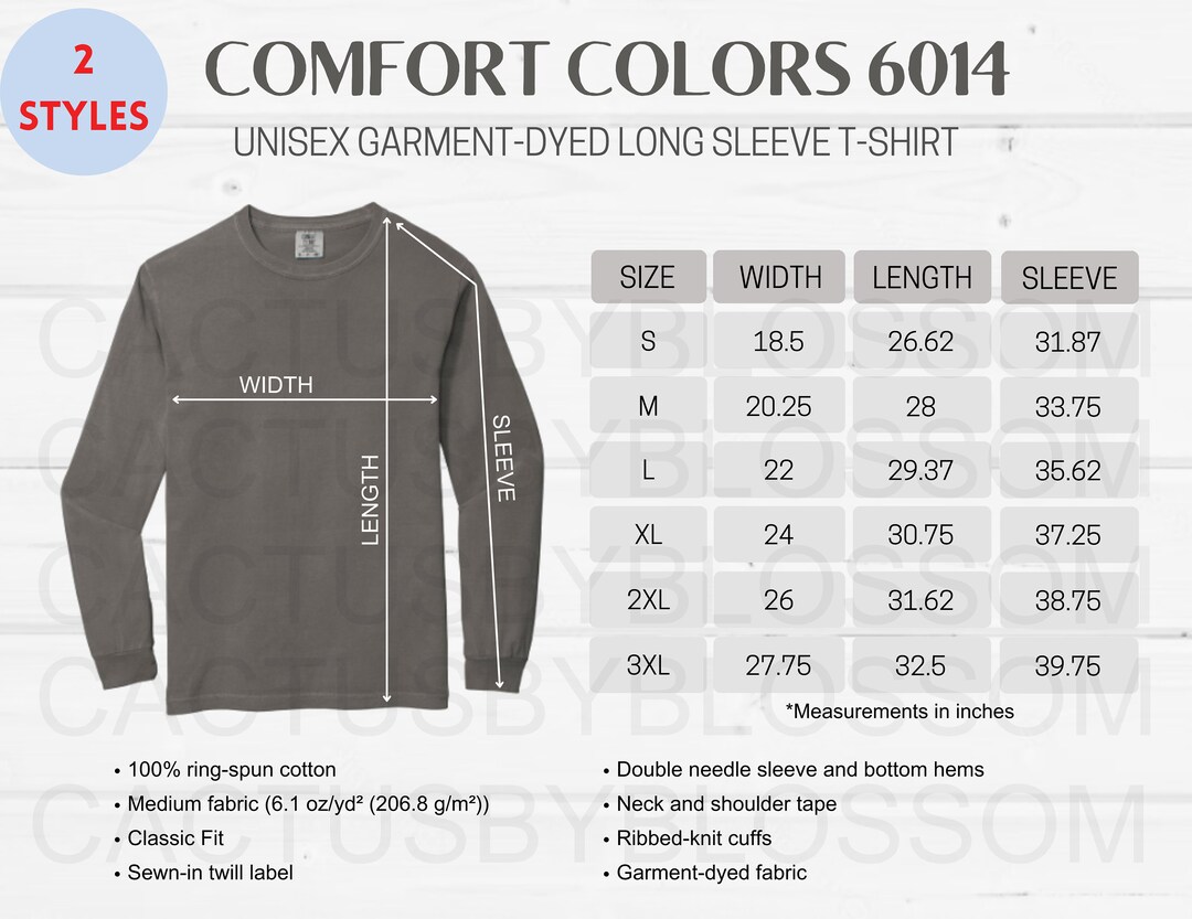 2 Size Chart Comfort Colors 6014 Mockup Unisex Garment-dyed LS T-shirt ...