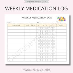 Weekly Medication Log Medication Chart Medication Tracker Doctor Visit ...