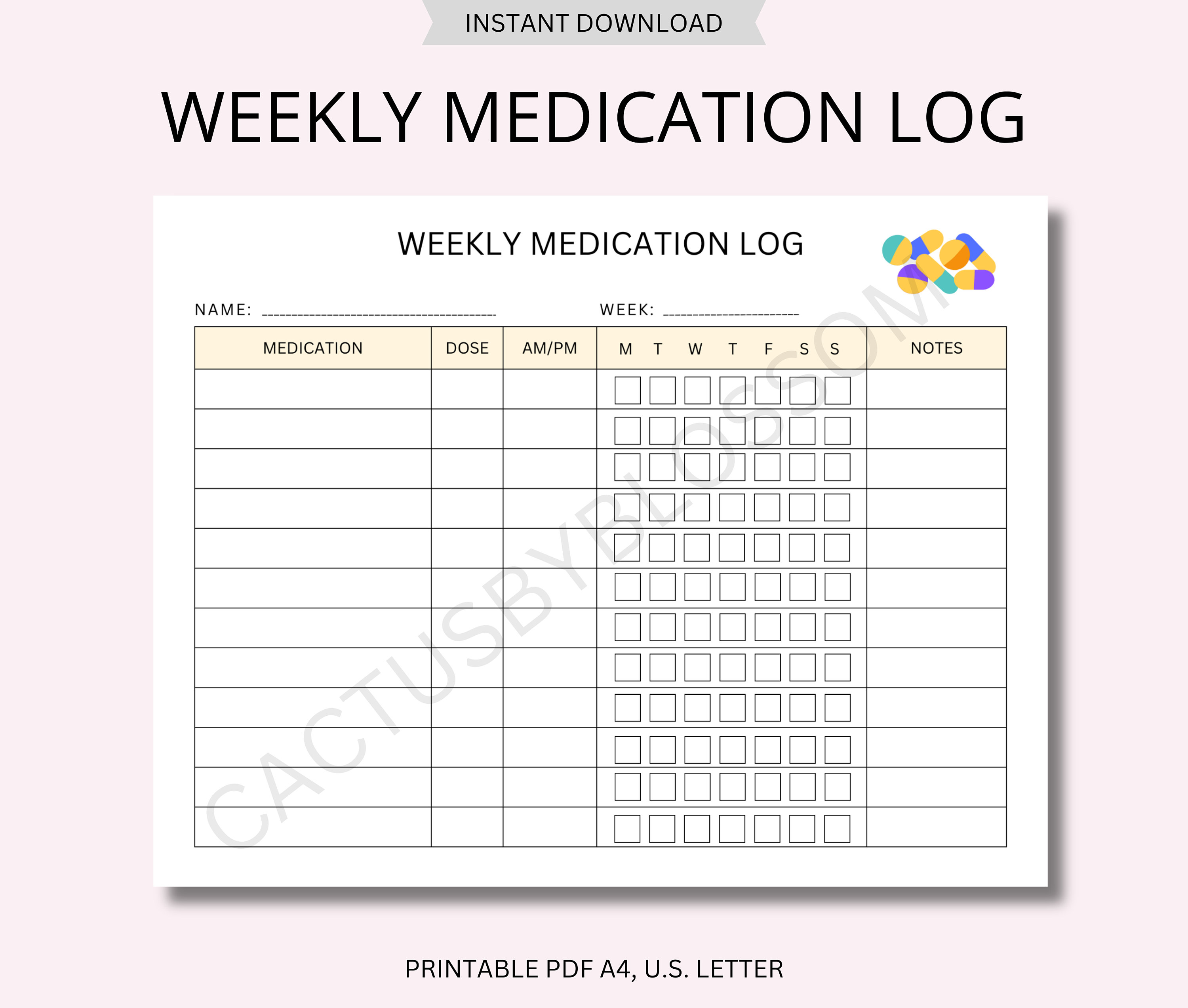 Weekly Medication Log Medication Chart Medication Tracker Doctor Visit ...