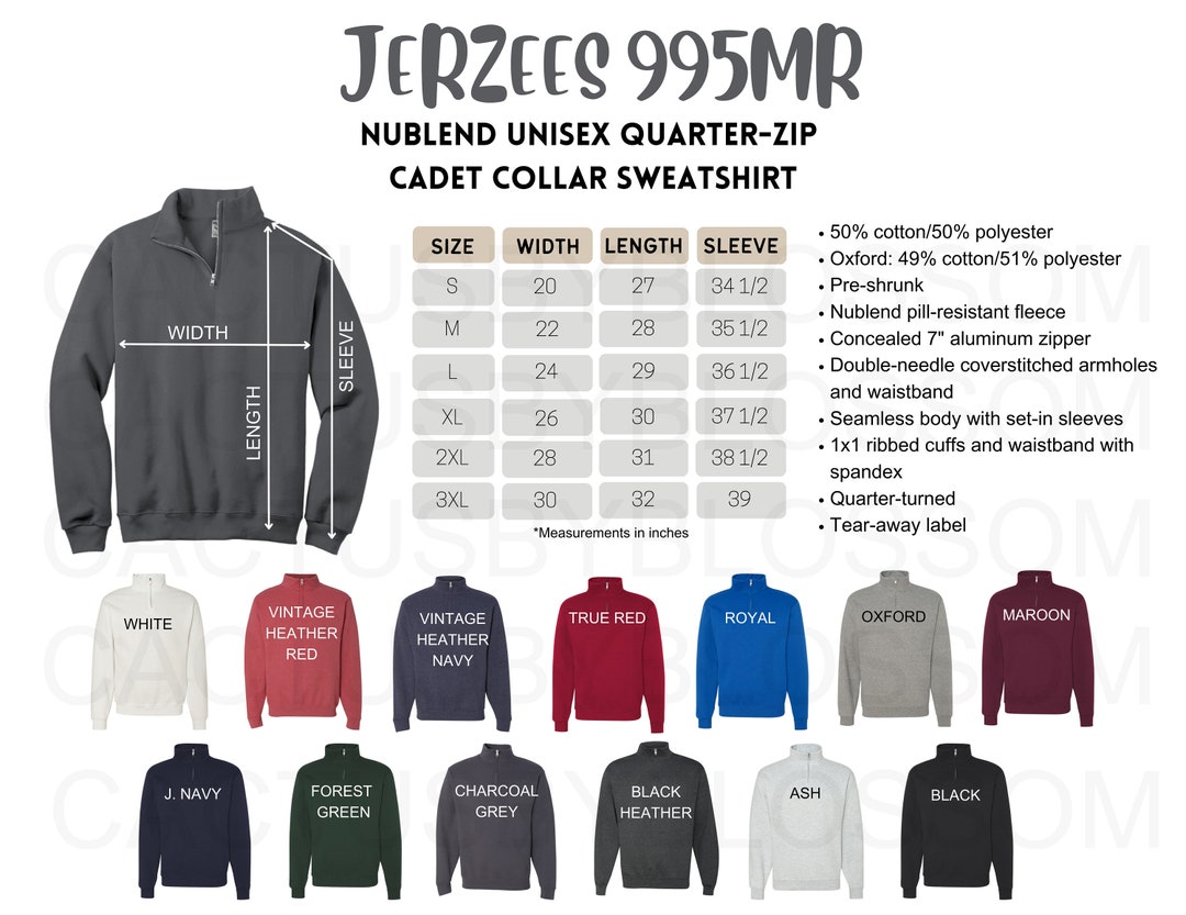 Size Chart Color Chart Jerzees 995MR Nublend Mockup Etsy Tools - Etsy
