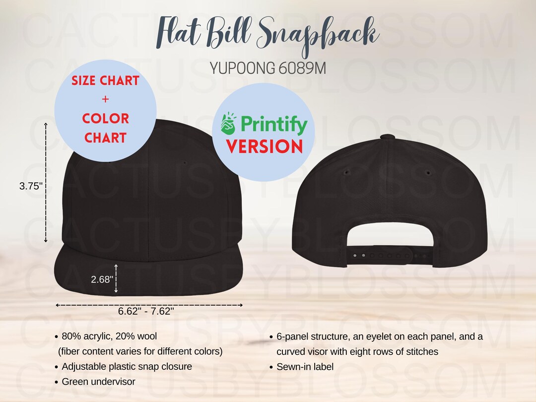 BUNDLE Size Chart Color Chart Flat Bill Snapback Yupoong 6089M Mockup ...