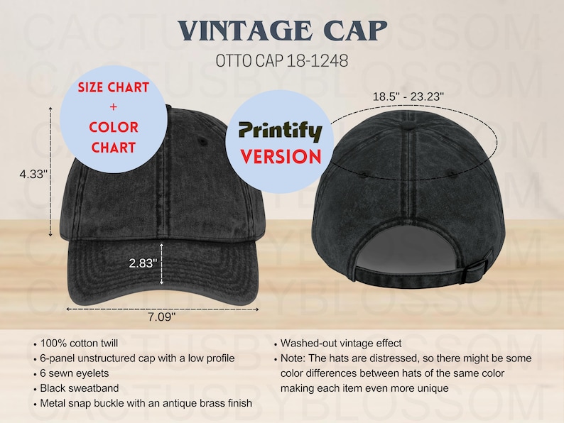 BUNDLE Size Chart Color Chart Vintage Cap Otto Cap 18-1248 Mockup Size ...